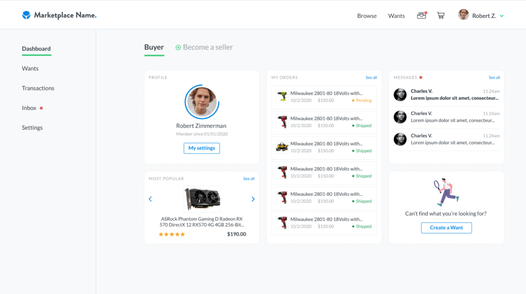Buyer and seller dashboards - My Marketplace Builder