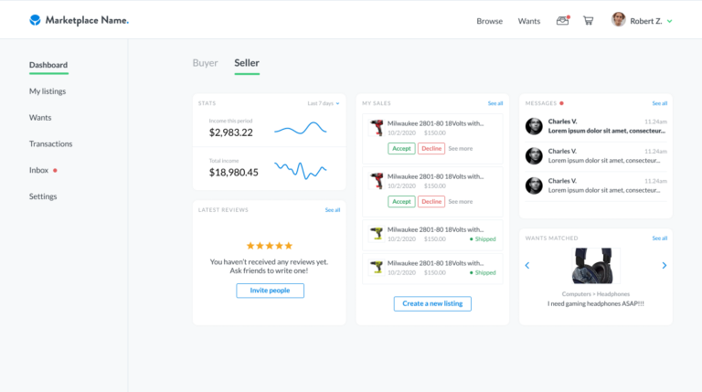 Buyer and seller dashboards - My Marketplace Builder