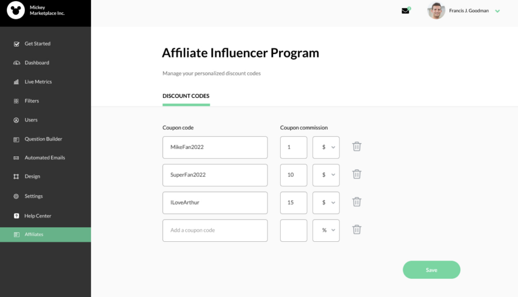 Affiliate discount codes - My Marketplace Builder